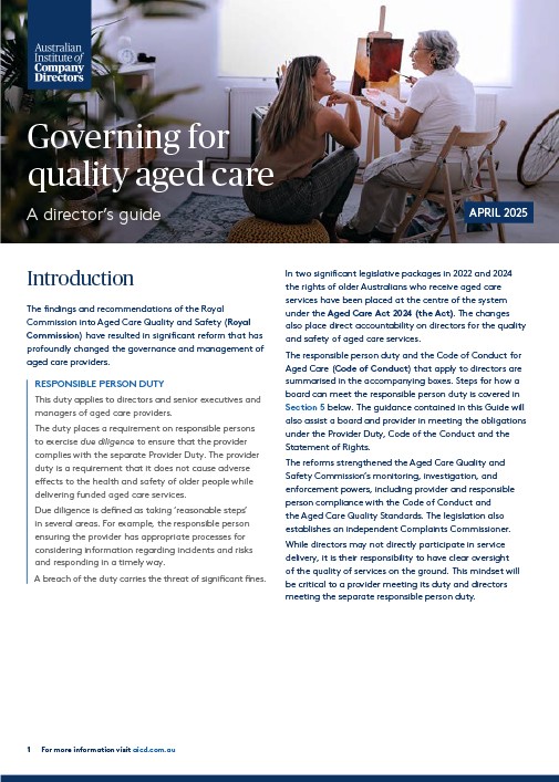 Governing for quality aged care – A director’s guide